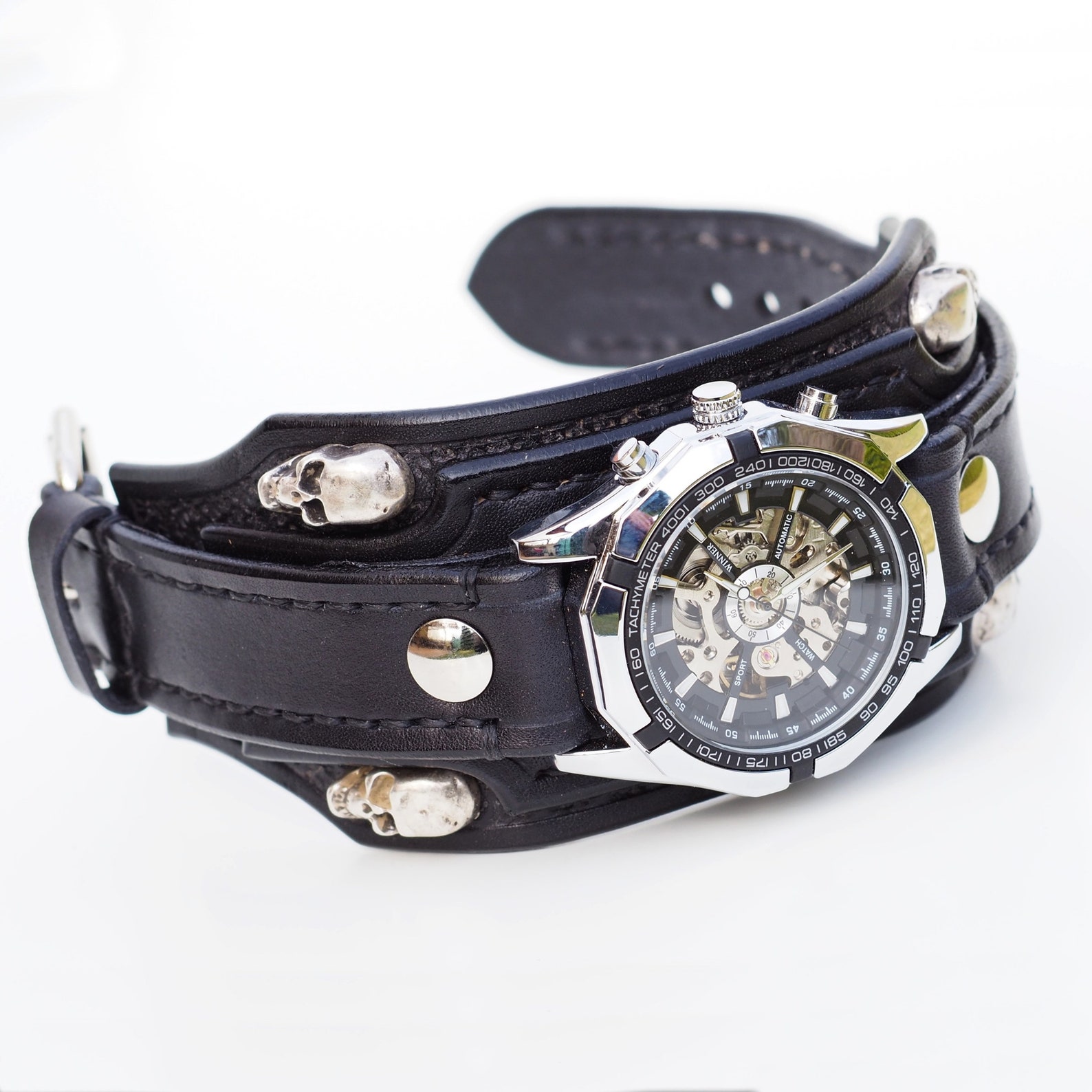 Black Biker Leather Skull Watch Black Bikers Watch Biker - Etsy