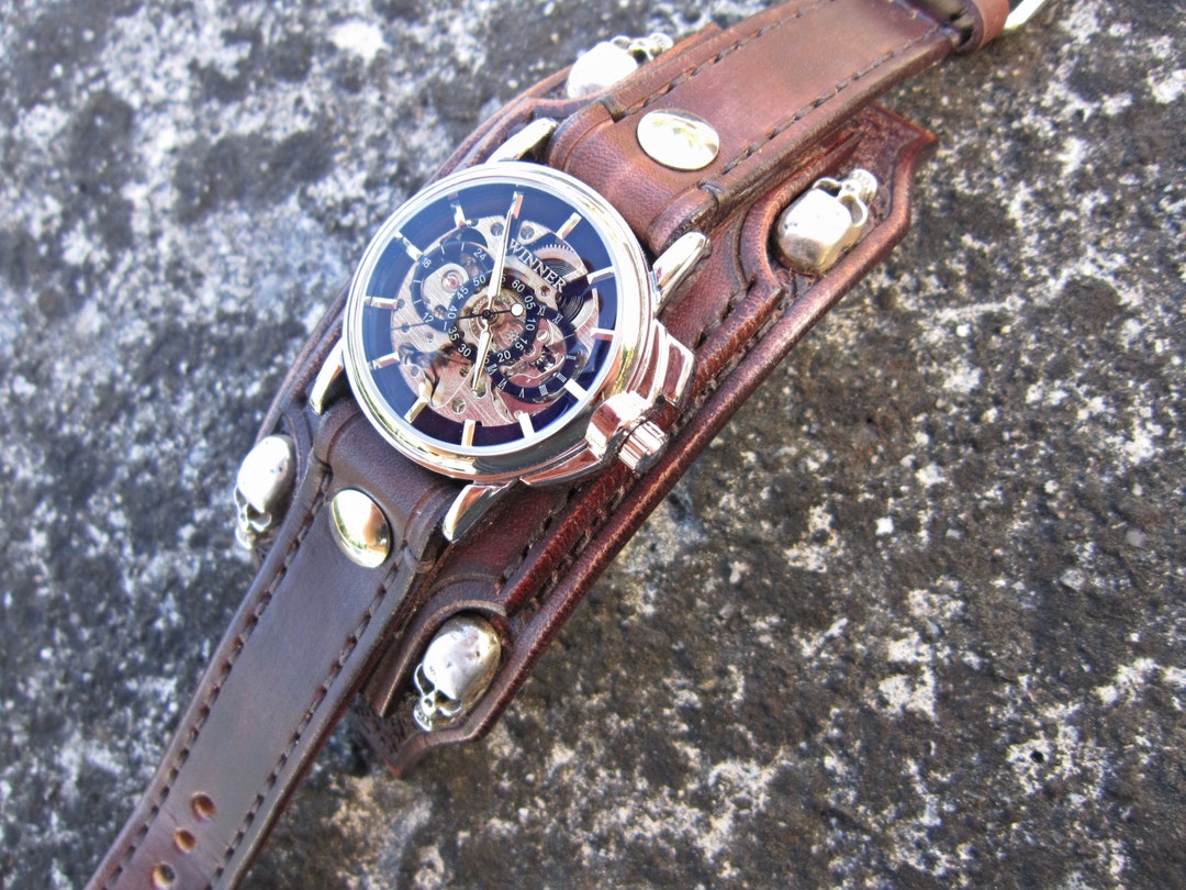 Biker Leather Skull Watch, Brown Bikers Watch, Bikers Bijoux - Etsy France