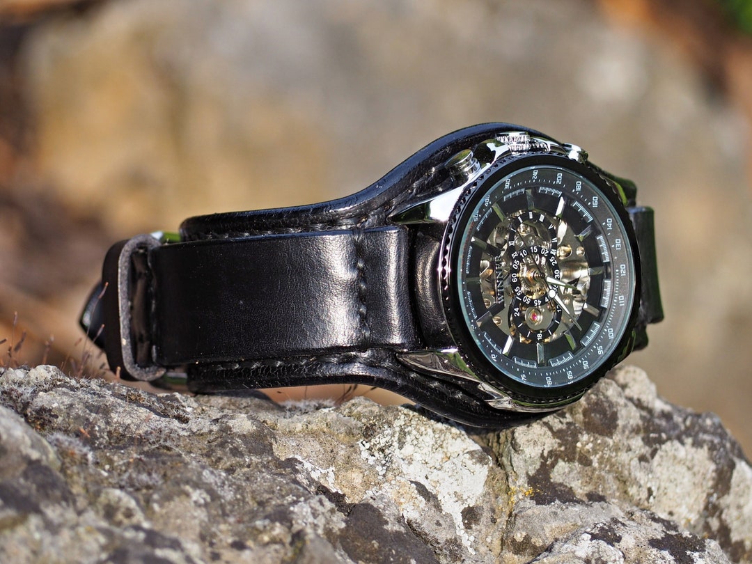 Steampunk Watch Cuff, Skeleton Leather Watch, Black Leather Wrist Watch ...