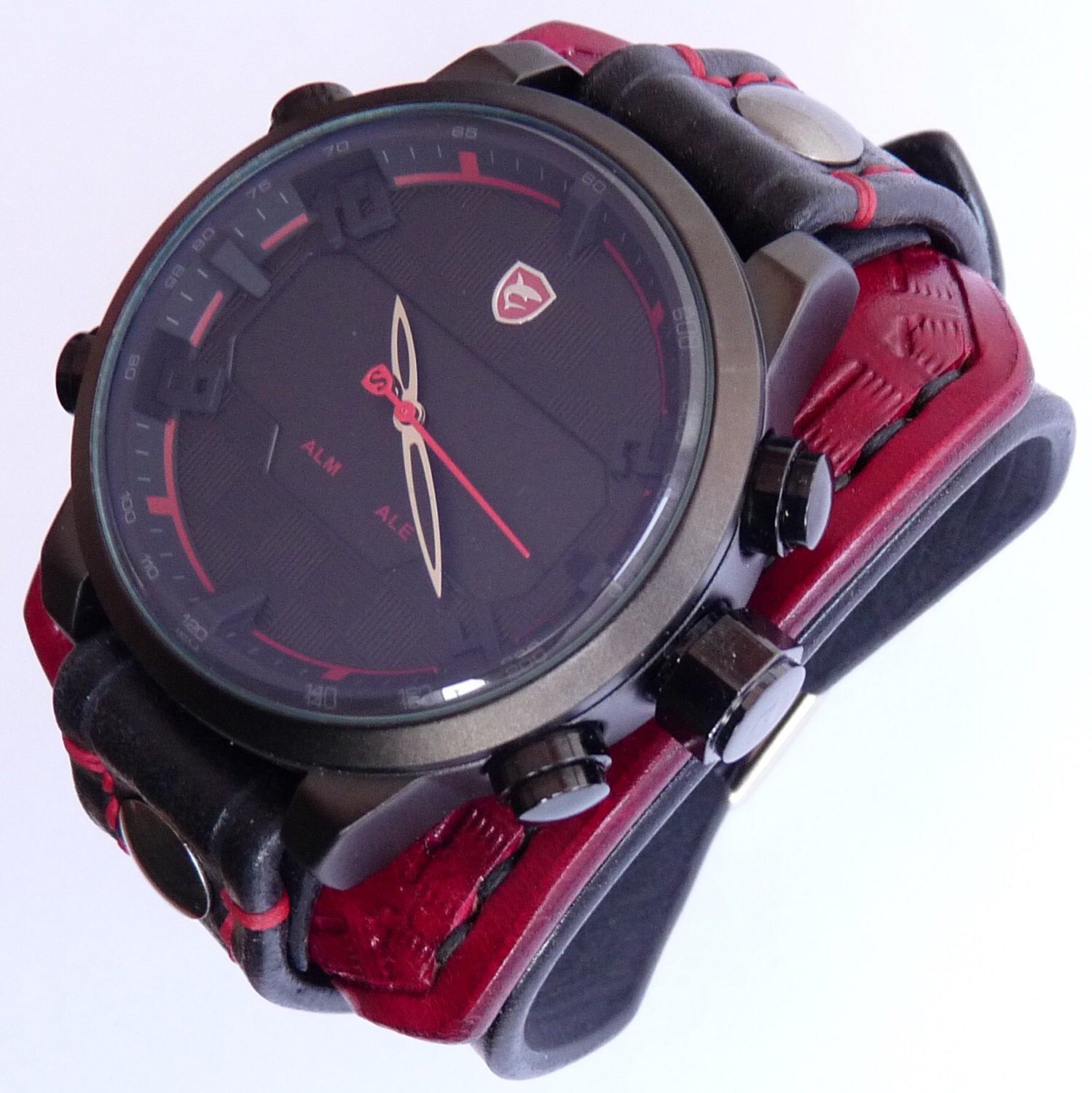 Black & Red Leather Cuff Watch Wrist Watch Leather Men's | Etsy