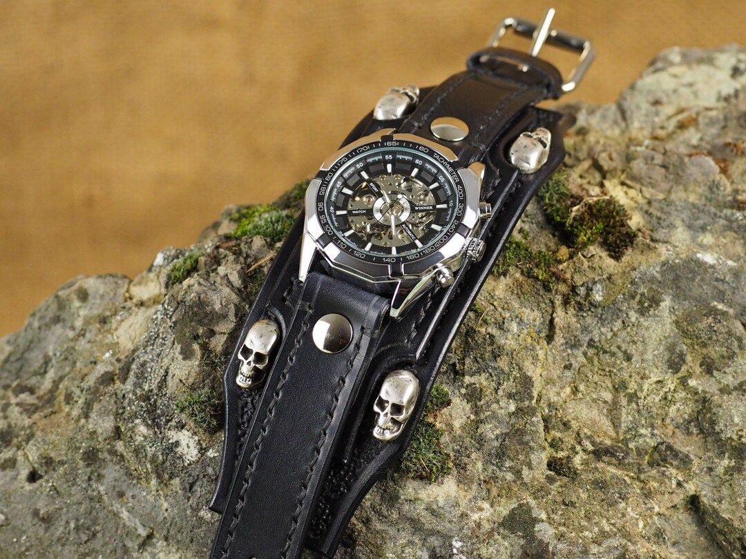 Black Biker Leather Skull Watch, Black Bikers Watch, Biker Jewelry - Etsy