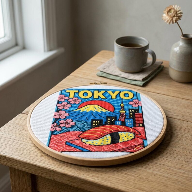 Tokyo Sushi Cross Stitch Pattern, Mount Fuji Sakura Embroidery Design ...