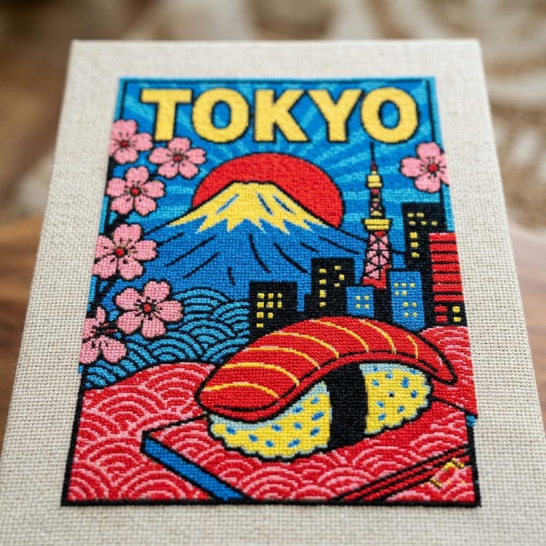 Tokyo Sushi Cross Stitch Pattern, Mount Fuji Sakura Embroidery Design ...