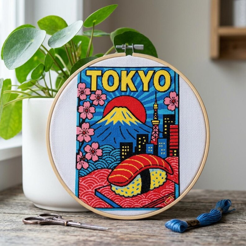 Tokyo Sushi Cross Stitch Pattern, Mount Fuji Sakura Embroidery Design ...