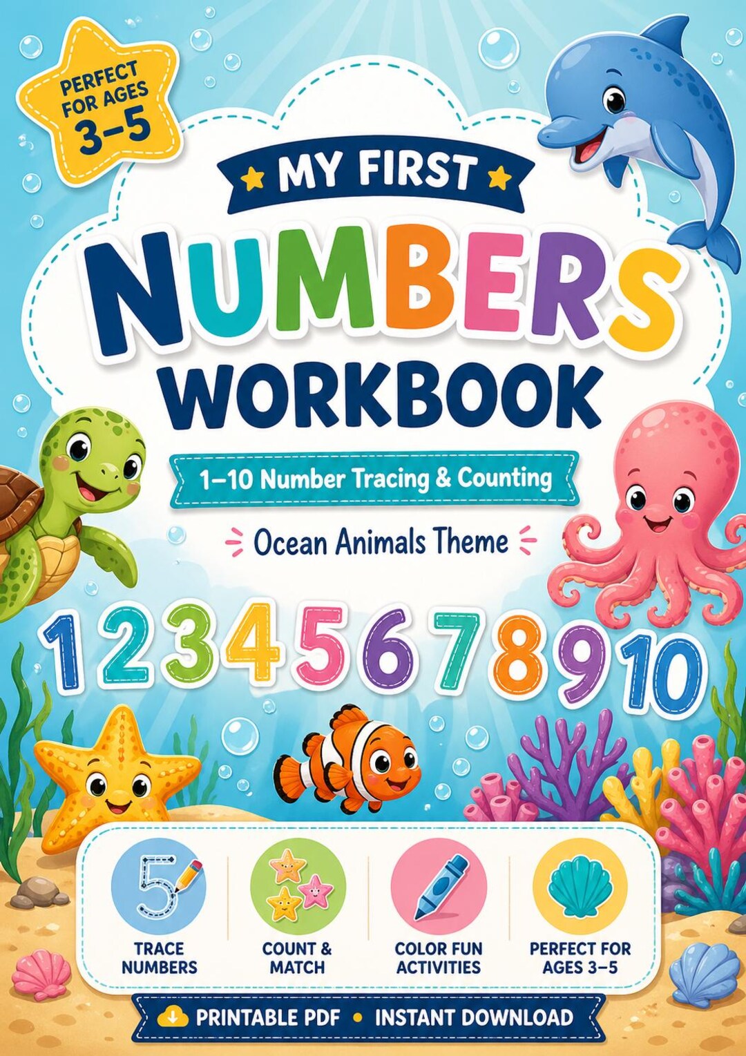 Ocean Animals Number Tracing Workbook – Preschool Math Printable (PDF ...