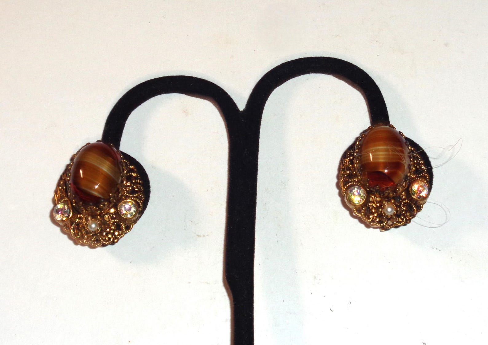 Signed W GERMANY Filigree Art Glass Porphyry Brown Caramel Cab Aurora ...