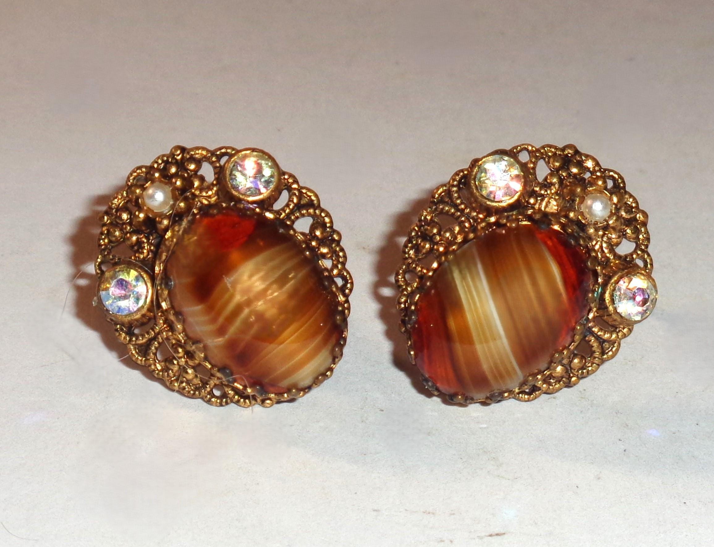 Signed W GERMANY Filigree Art Glass Porphyry Brown Caramel Cab Aurora ...