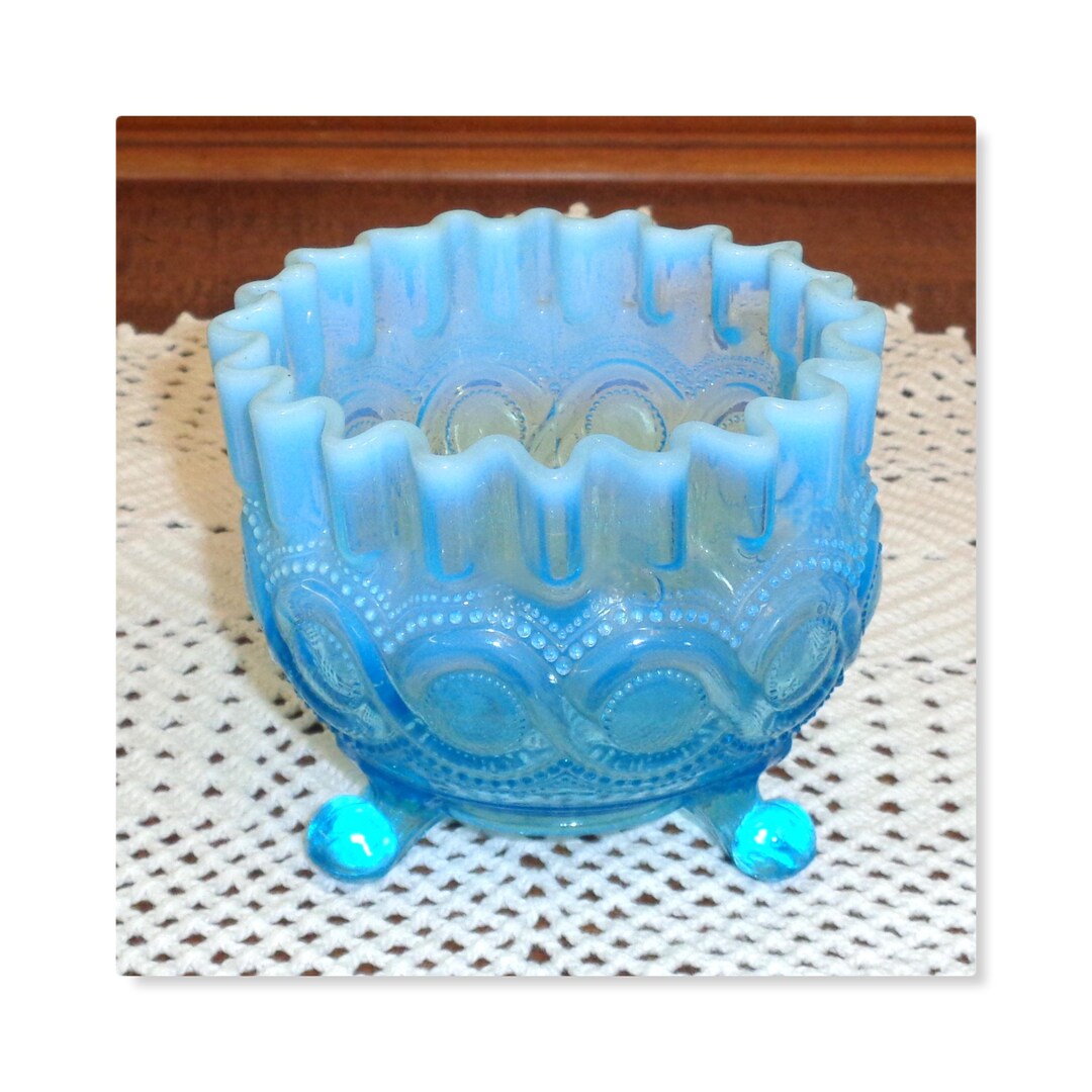 Northwood Blue Opalescent Beaded Cable Fluted Edge Toed Rose Bowl, Free ...