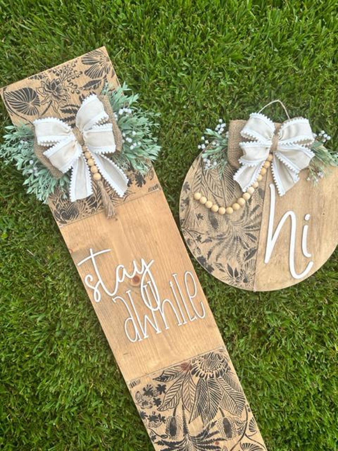 Hi Door Hanger Stay Awhile Porch Leaner Welcome Sign Wood Door Hanger ...