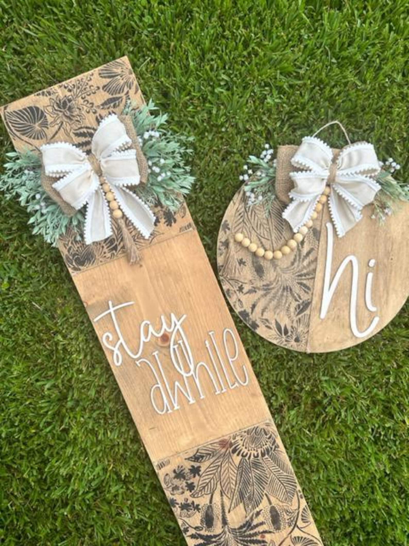Hi Door Hanger Stay Awhile Porch Leaner Welcome Sign Wood Door Hanger ...