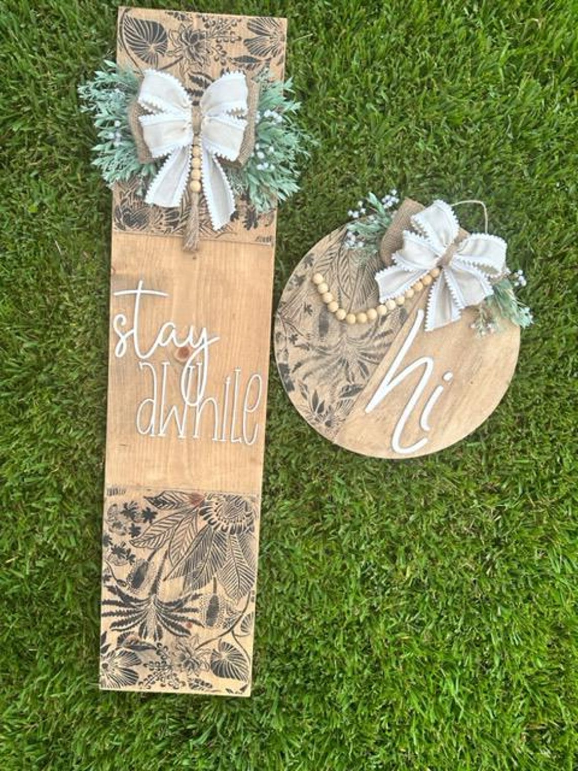 Hi Door Hanger Stay Awhile Porch Leaner Welcome Sign Wood Door Hanger ...