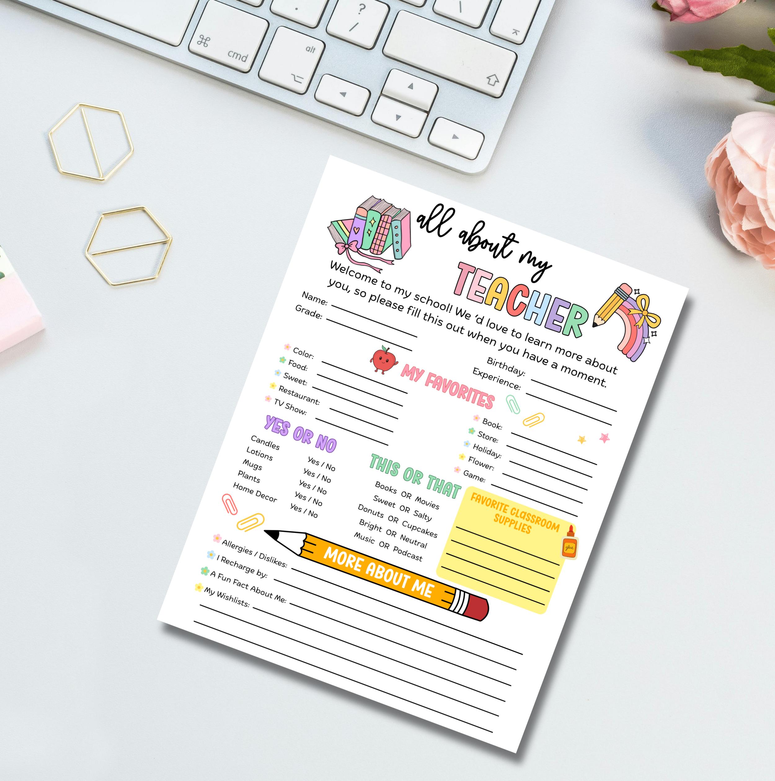 All About My Teacher Questionnaire Printable, Teacher Favorites List ...