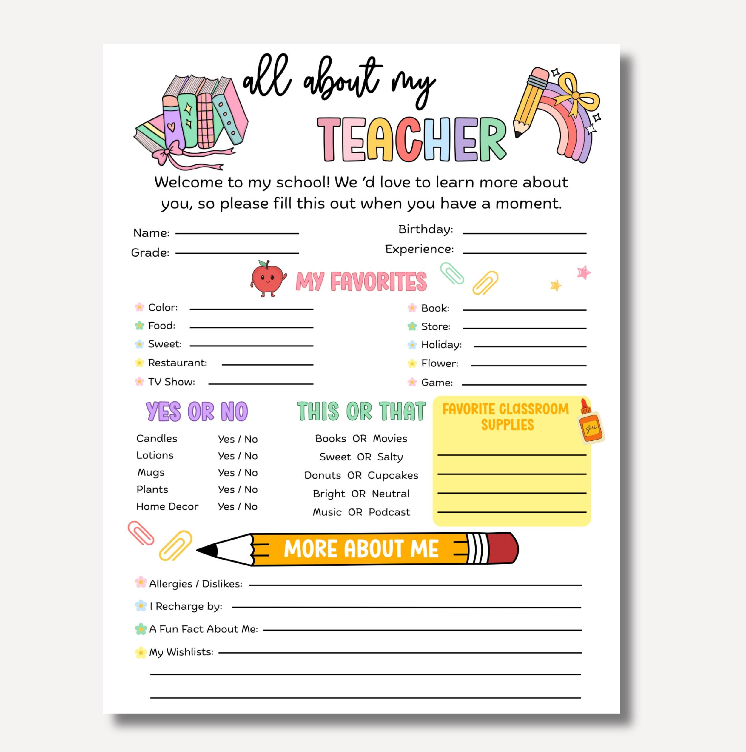 All About My Teacher Questionnaire Printable, Teacher Favorites List ...