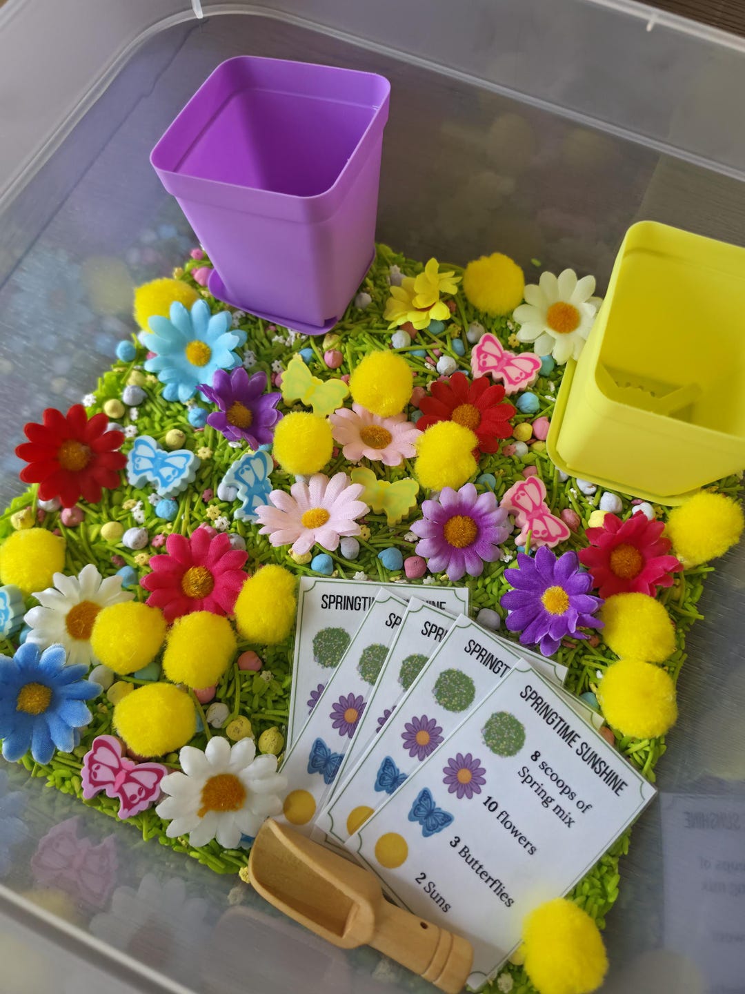 Springtime Sunshine Sensory Bin, Flowers, Butterflies, Pom-poms, Scoop ...