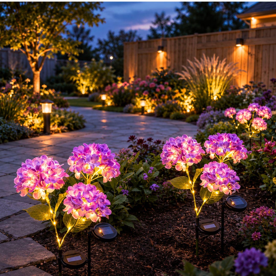 Solar Hydrangea Flower Garden Lights, Waterproof Outdoor Stake Lamps ...
