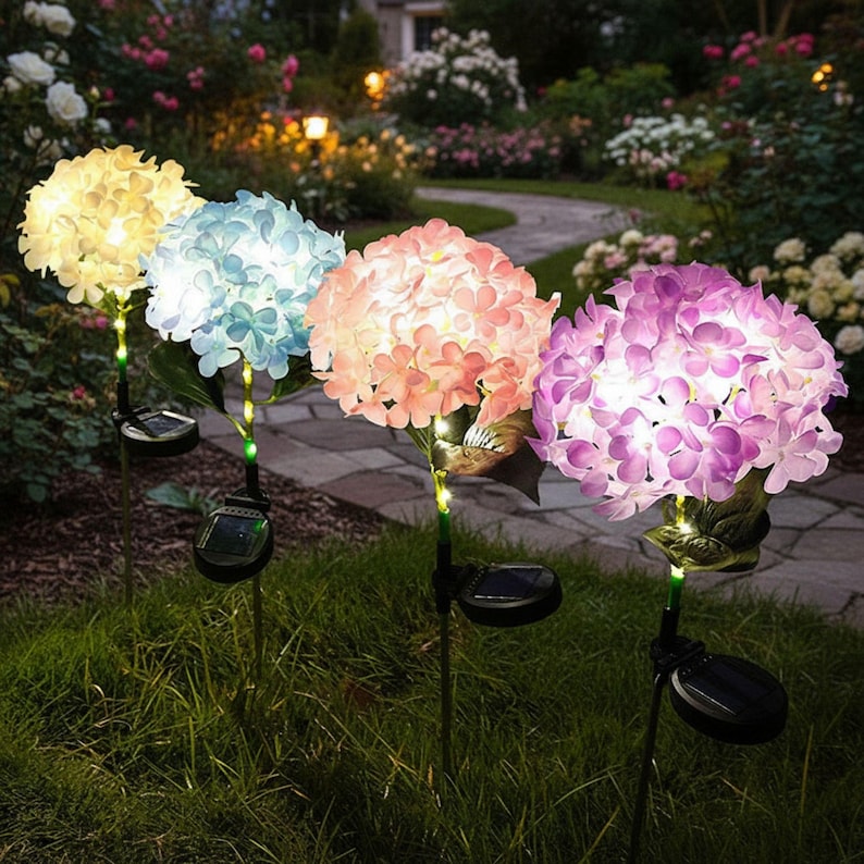 Solar Hydrangea Flower Garden Lights, Waterproof Outdoor Stake Lamps ...