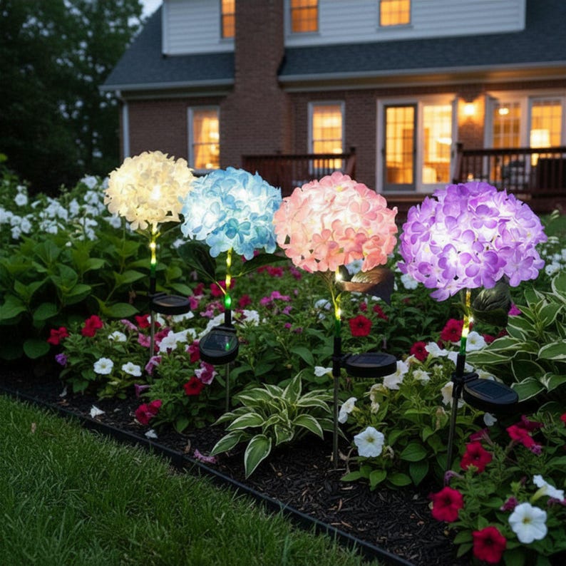 Solar Hydrangea Flower Garden Lights, Waterproof Outdoor Stake Lamps ...