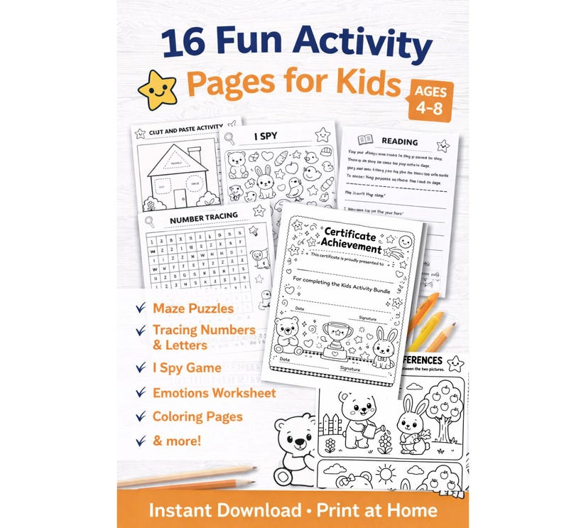 Kids Activity Bundle | 16 Pages Preschool Worksheets, Tracing, Coloring ...
