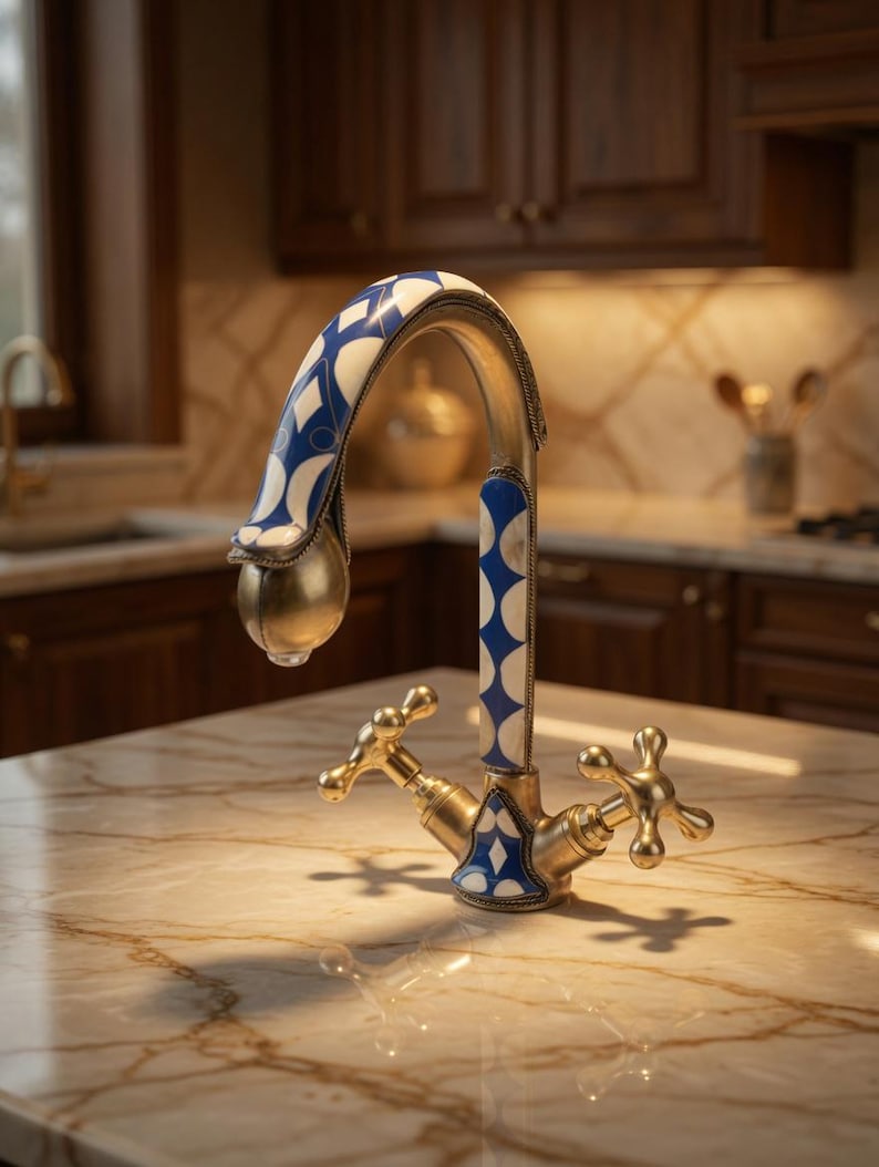 Handcrafted Moroccan Brass Faucet – Blue & White Mosaic Sink Tap ...