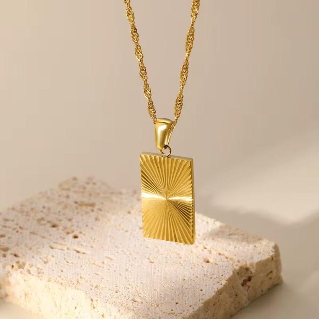 Gold Sunburst Rectangle Pendant Necklace, 18K Plated Stainless Steel ...
