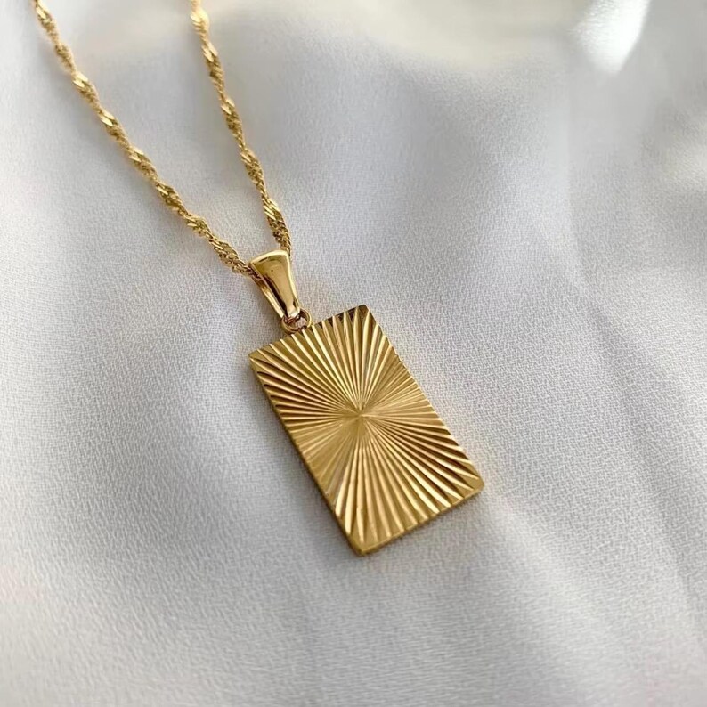 Gold Sunburst Rectangle Pendant Necklace, 18K Plated Stainless Steel ...