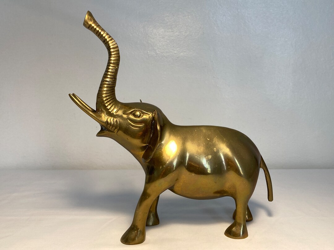 Vintage Solid Brass 9 Elephant Figurine Sculpture Trunk up Retro Home ...