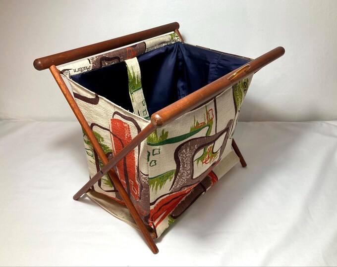Vintage MCM Folding Sewing Knitting Yarn Basket Caddy Tote Bag Atomic ...