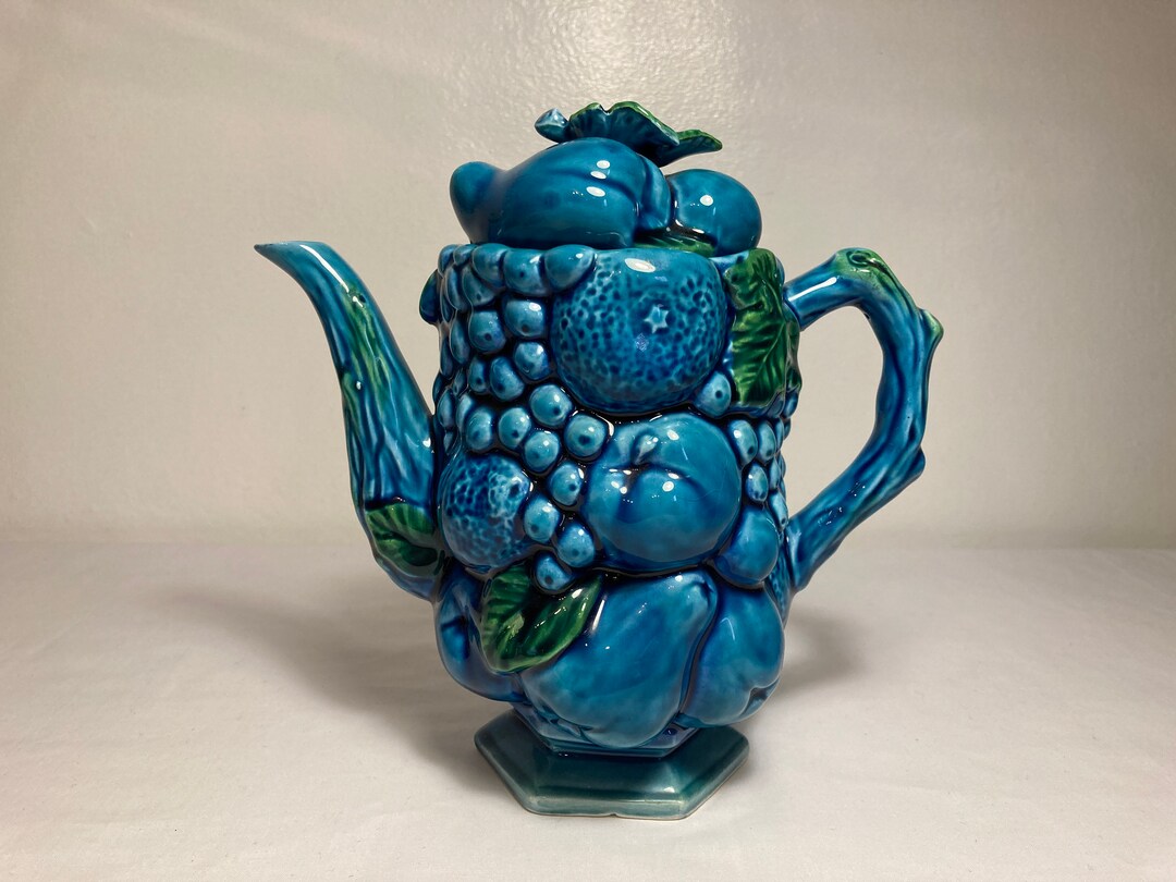 Vintage 1960's Inarco Japan Mood Indigo Teapot Embossed Fruit Blue ...