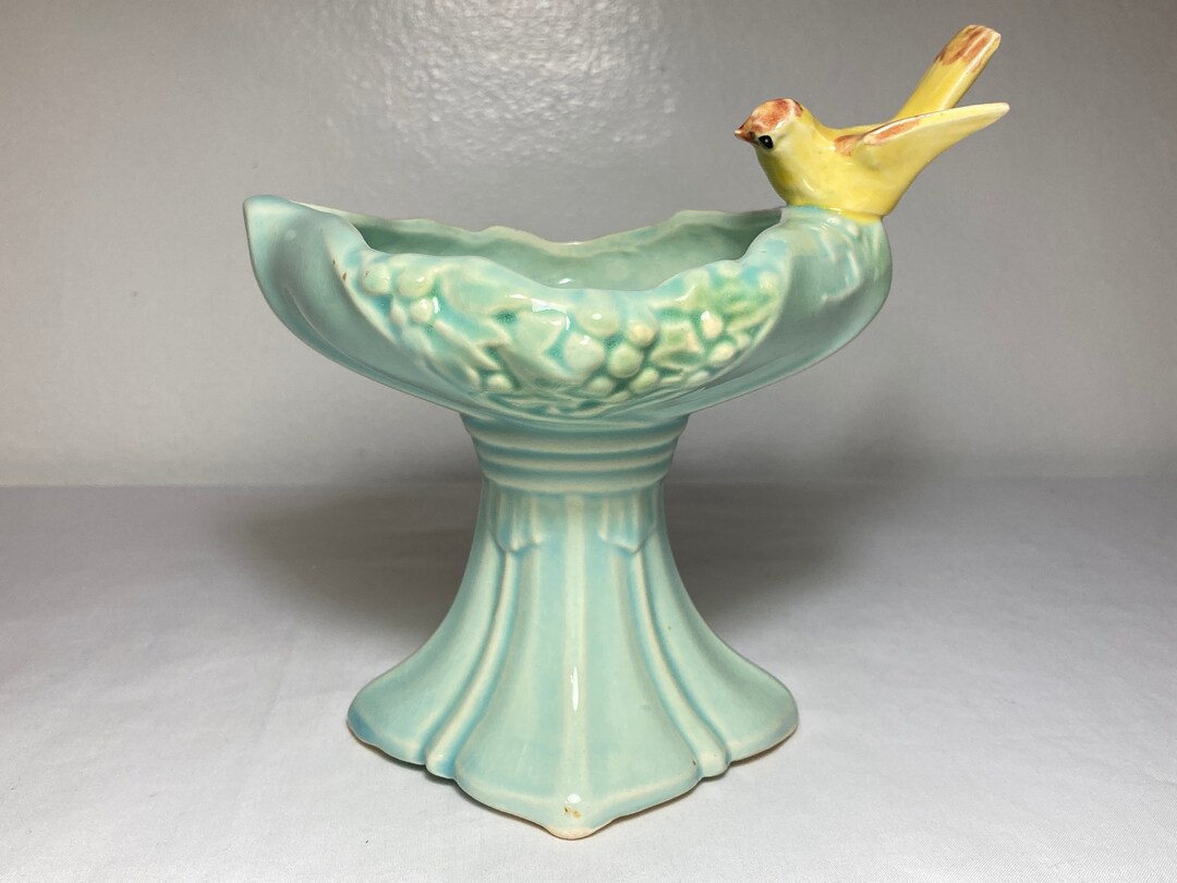 Vintage Mccoy Bird Bath Planter / Vase Aqua and Yellow 1940's USA Art ...