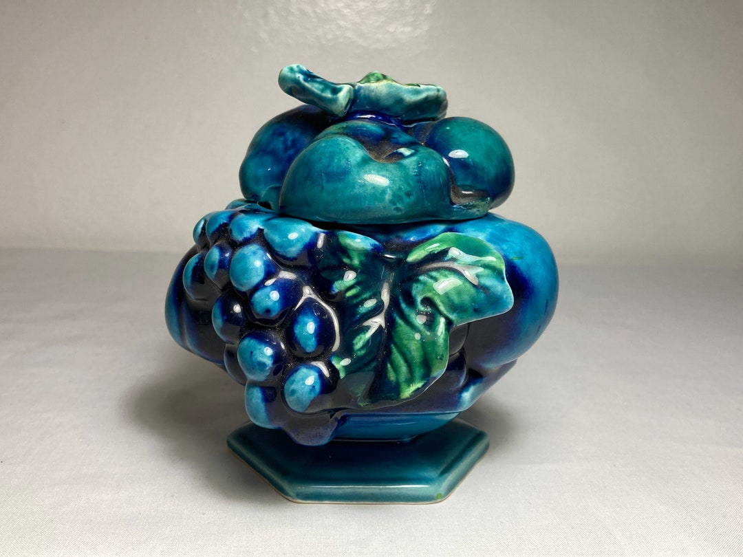 Vintage 1960's Mood Indigo Embossed Blue Green Fruit Sugar Bowl Inarco ...