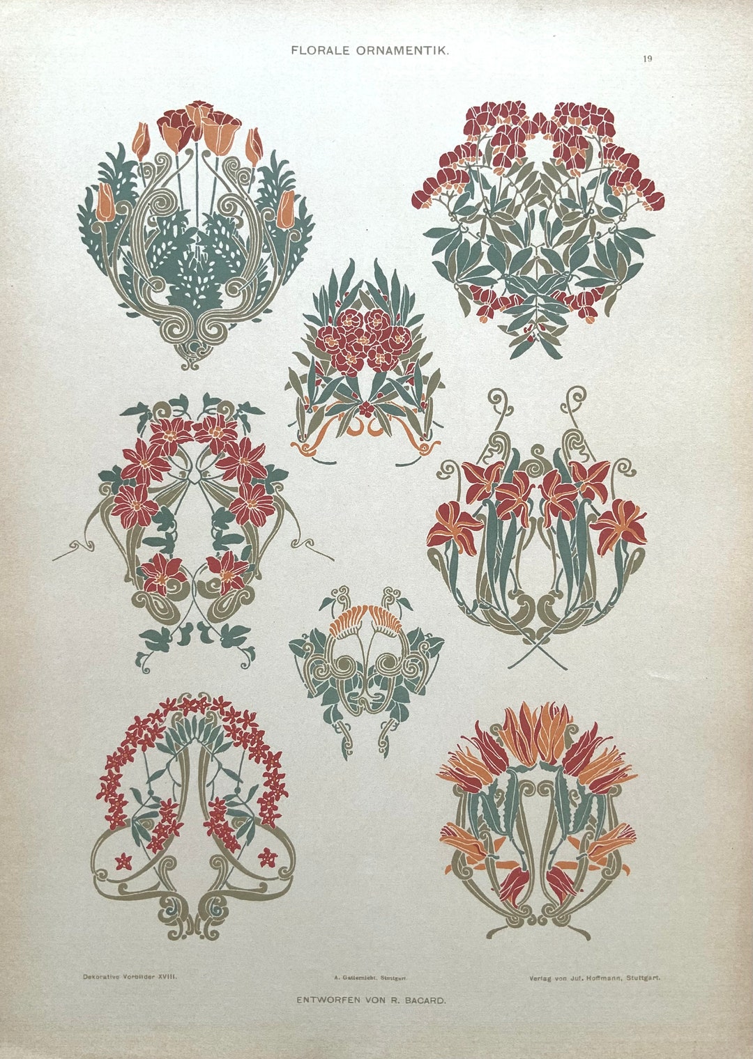 Antique 1907 JUGENDSTIL Ornamental Flower Bouquet Lithograph German ...