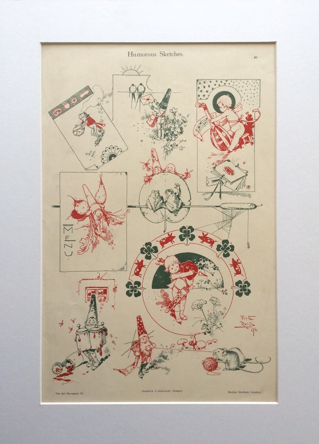 Antique GNOME Humorous Sketches Lithograph Bookplate Print Interior ...