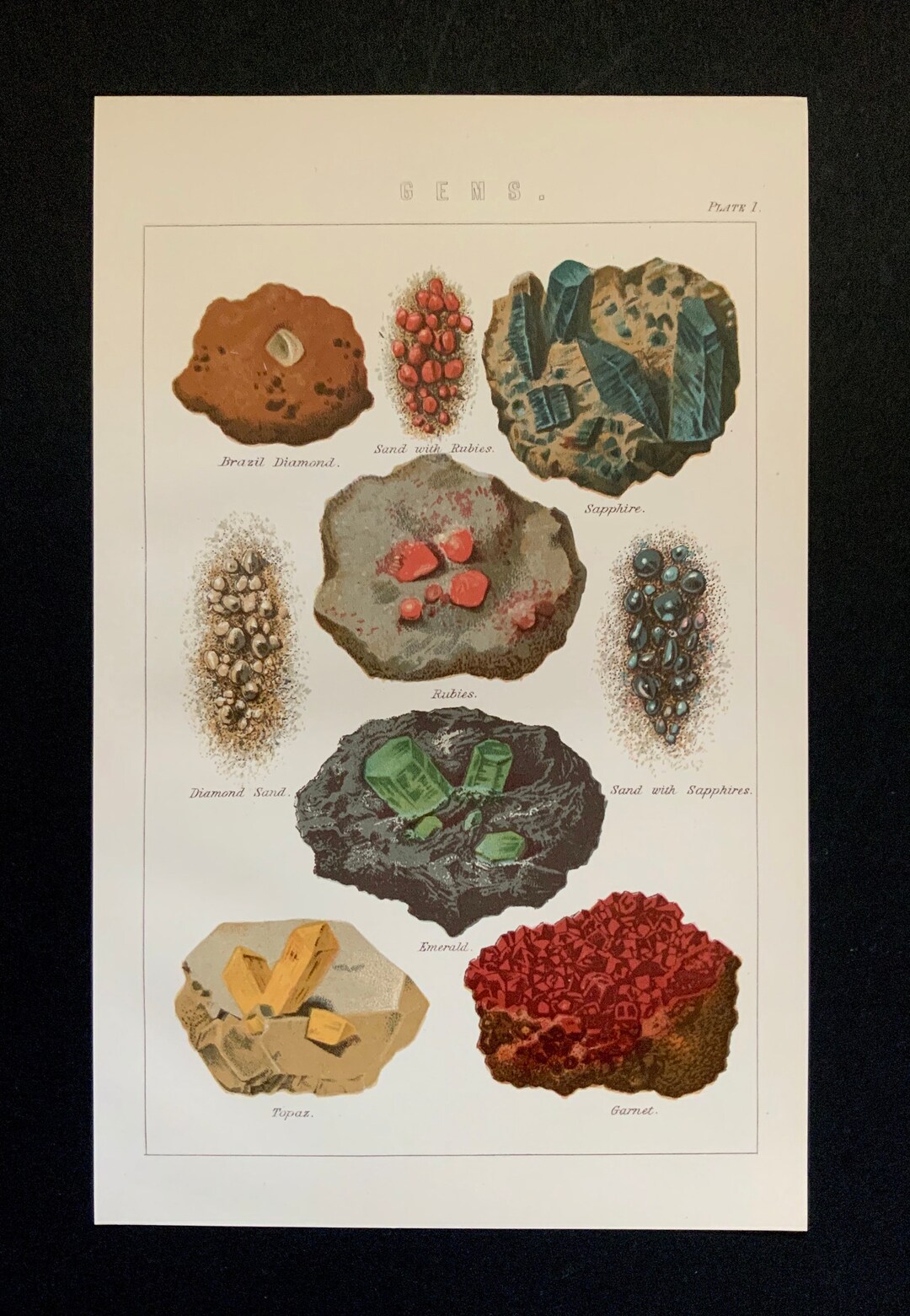 Antique Colour 1890s Victorian Bookplate Print MINERALS GEMS CRYSTALS ...