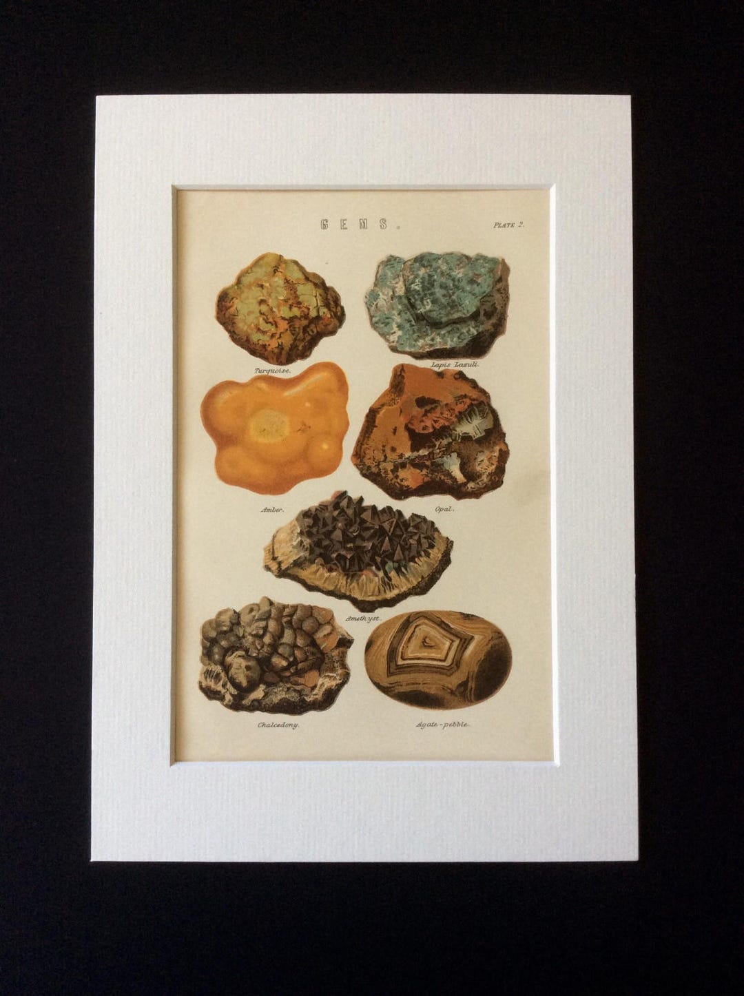 Antique Print Colour 1890s Victorian Bookplate Print MINERALS GEMS ...