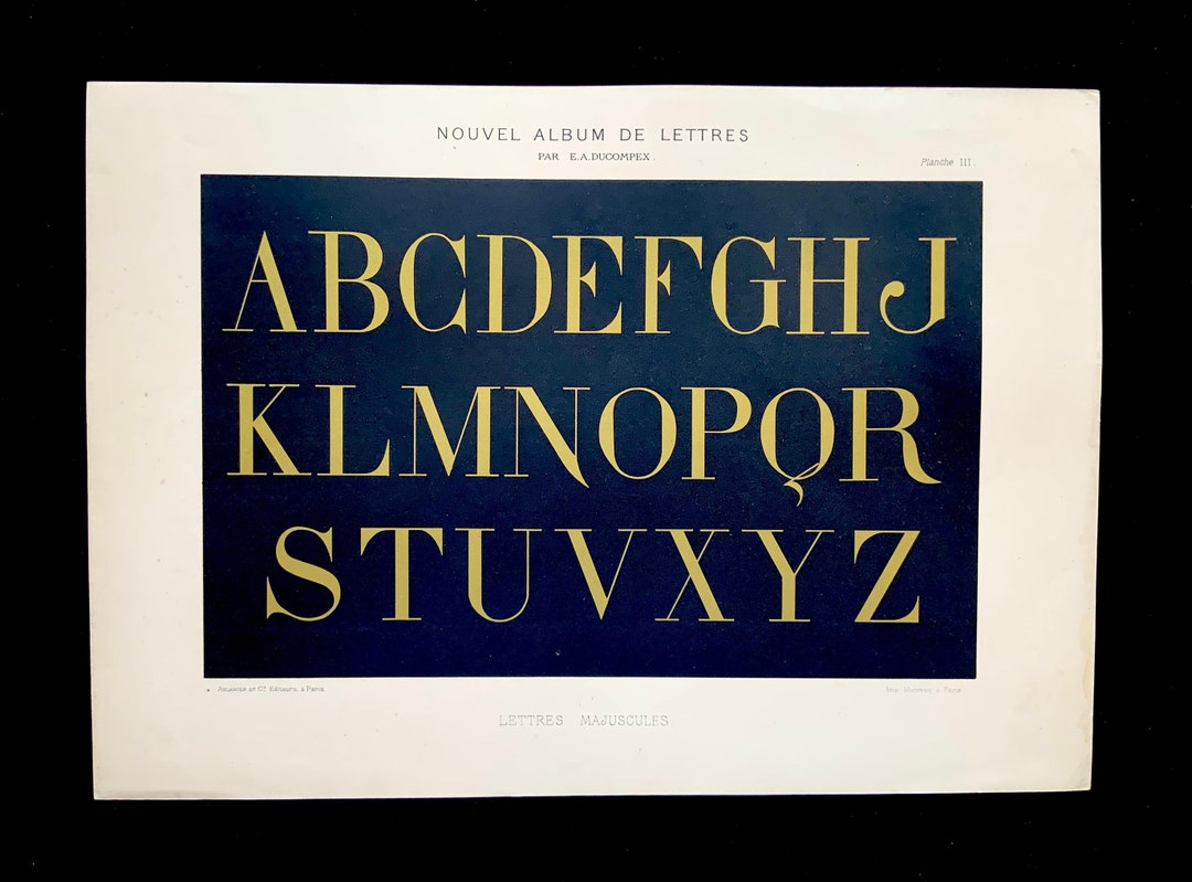 Rare 1885 TYPOGRAPHY ALPHABET Gold Lithograph Antique Print Folio Plate ...