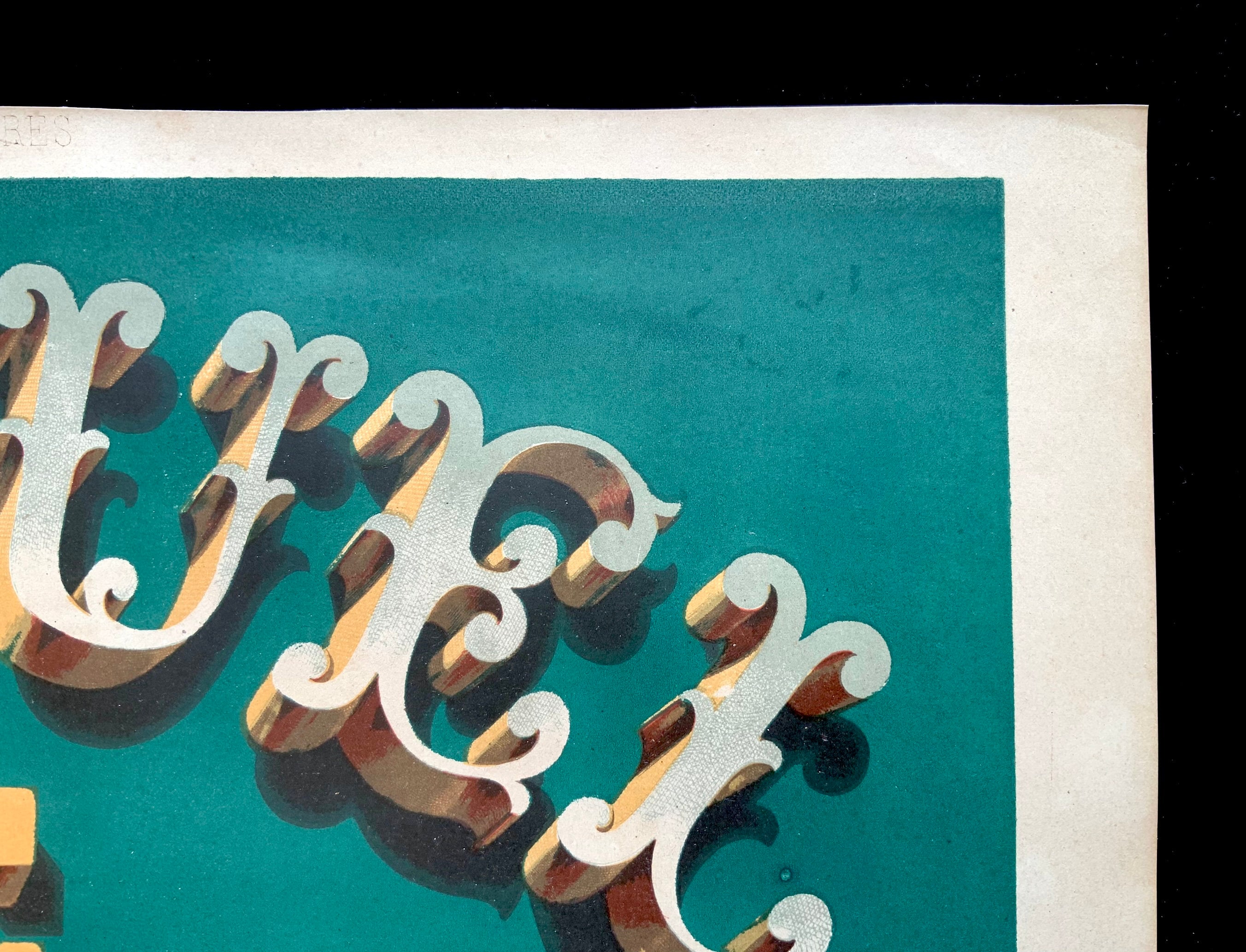 Rare 1850 TYPOGRAPHY Chromolithograph French Antique Print Folio Plate ...