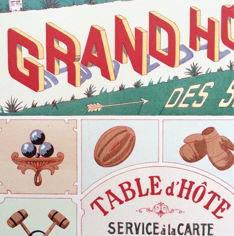 Rare Antique Print 1899 Pochoir FRENCH SPORTS HOTEL Sign Writing ...