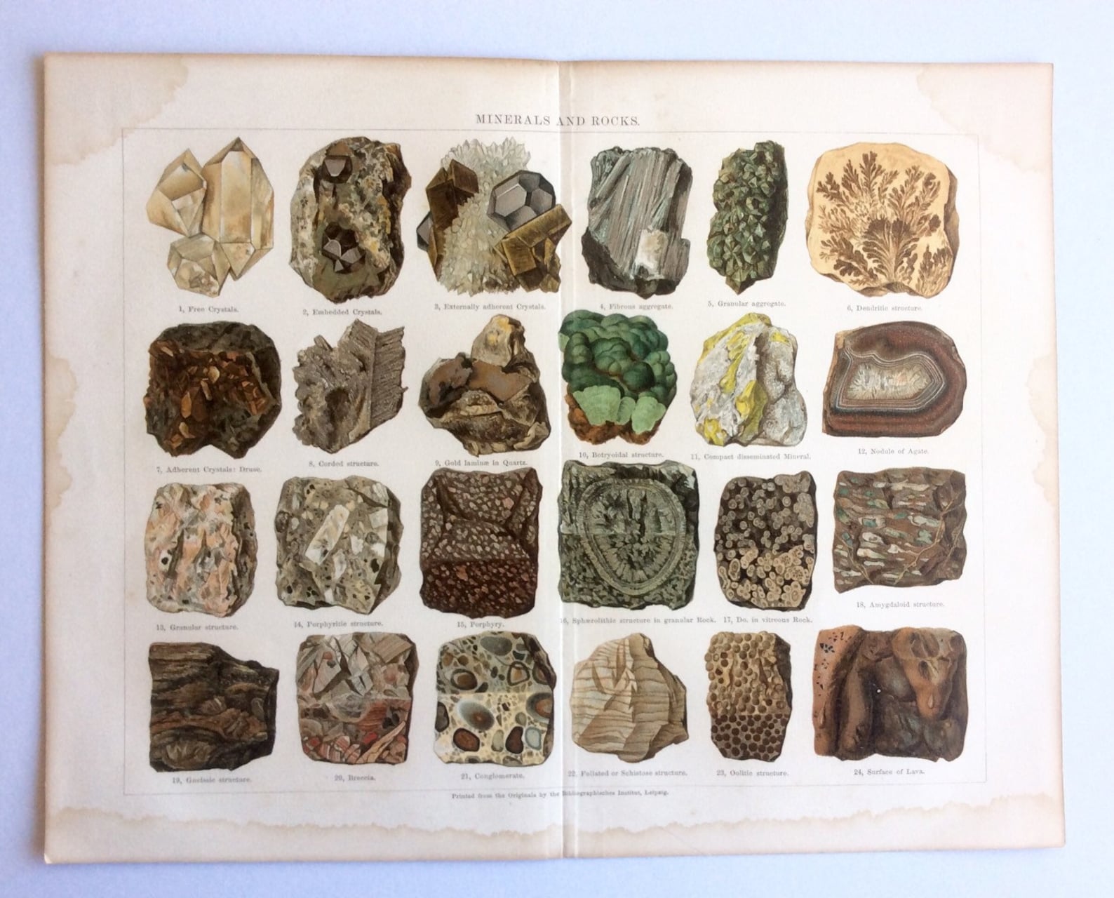 Antique Colour 1890s Victorian Bookplate Print MINERALS ROCKS Gems ...