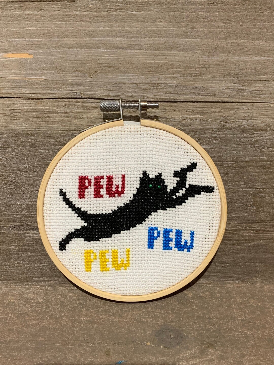 Pew Pew Kitty Finished Framed Cross Stitch, Funny Black Cat Pew Pew Art ...