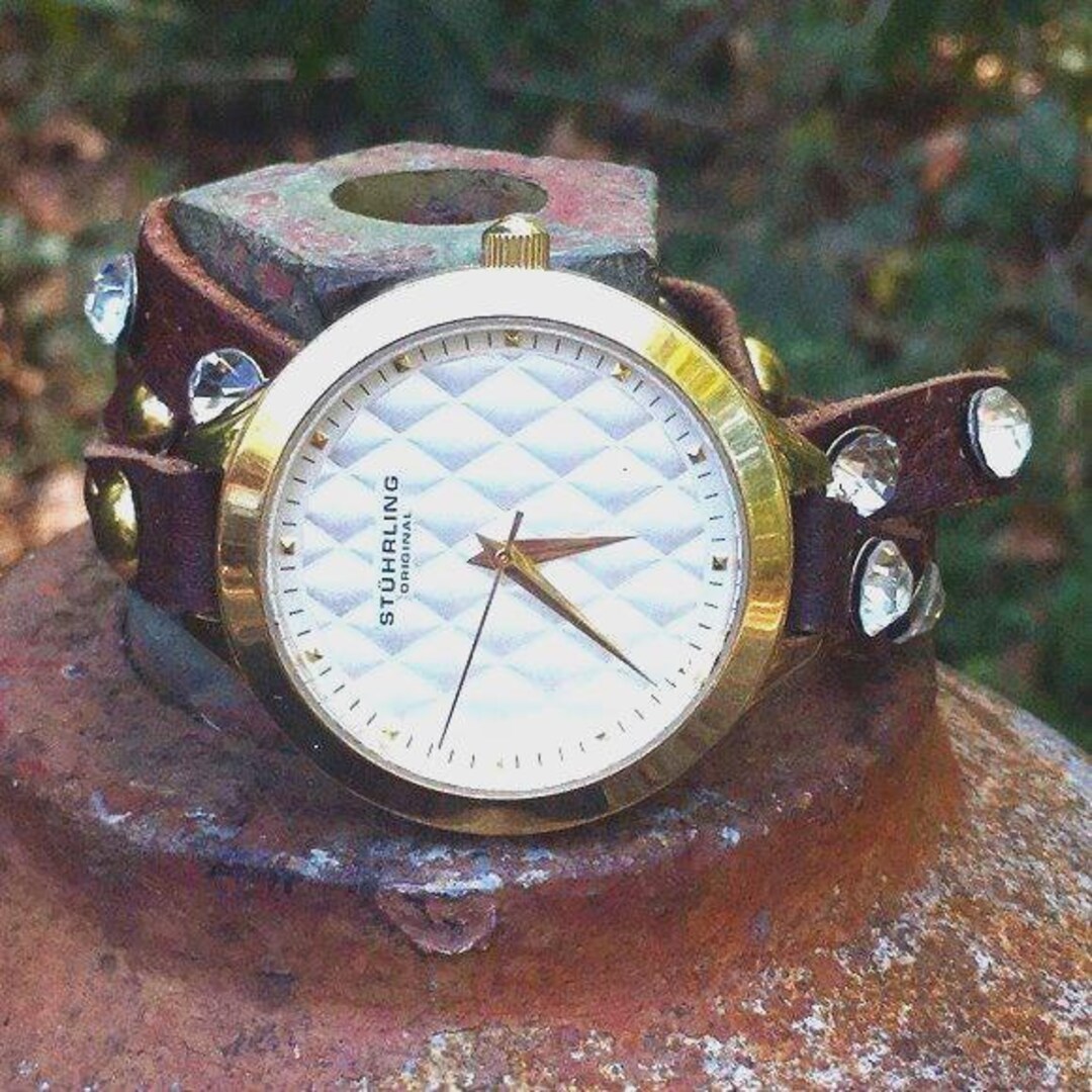 Stuhrling Krysterna Gold Stainless Round Case/brown Leather Gemmed ...