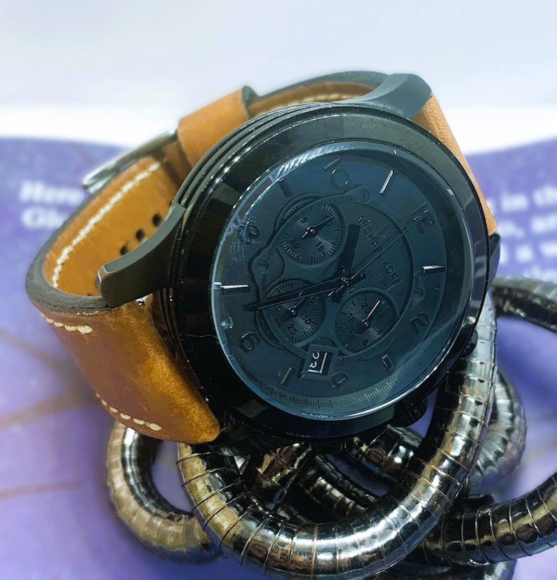 Michael Kors Runway MK8157 Blacked Out Case/dial/brown Leather Men's ...