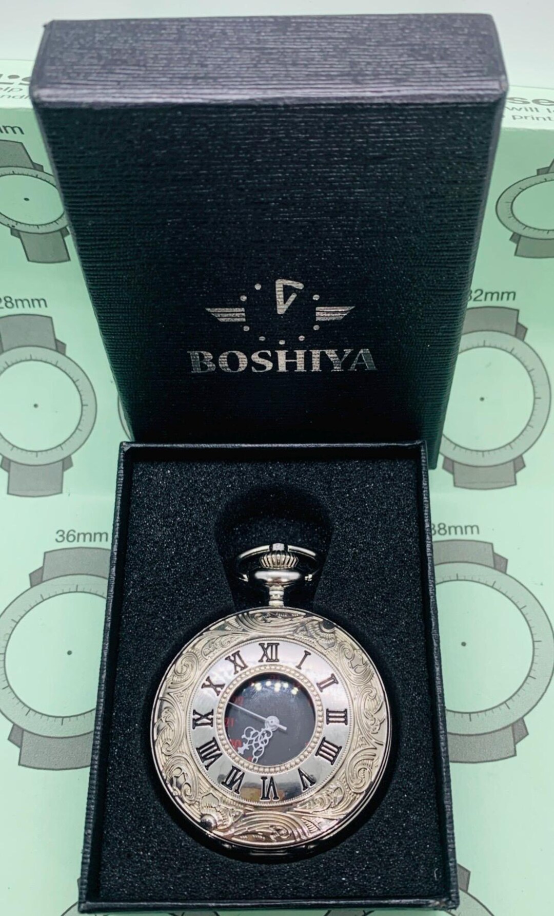 Boshiya Silver Tone/black Dial/roman Numerals Half Hunter Pocket Watch ...