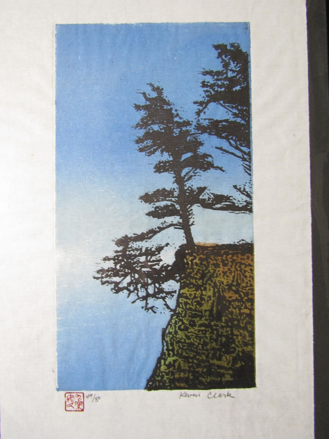 Pine Fir Cedar Tree Forest Cliff Edge Original Hand Carved Woodblock ...