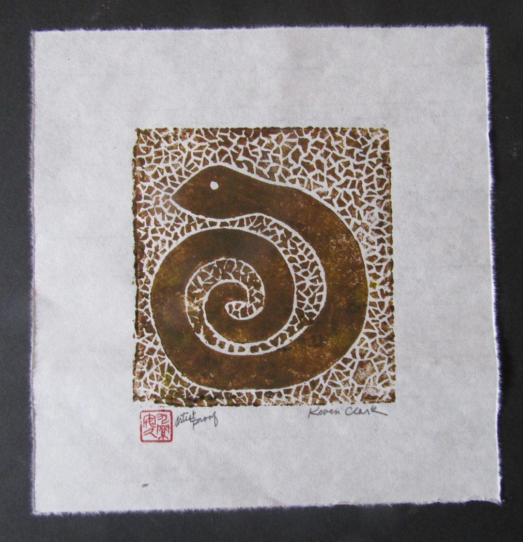 Coil Snake Habu Boa Original Woodcut Hand Carved Woodblock Print Moku ...