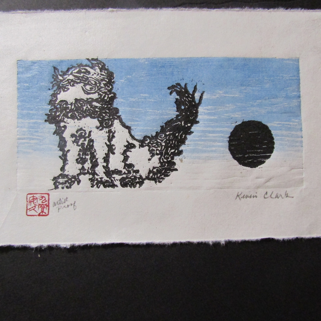 Temple Fu Shisa Dog Guardian Lion 4 Woodblock Print Engraving Moku ...