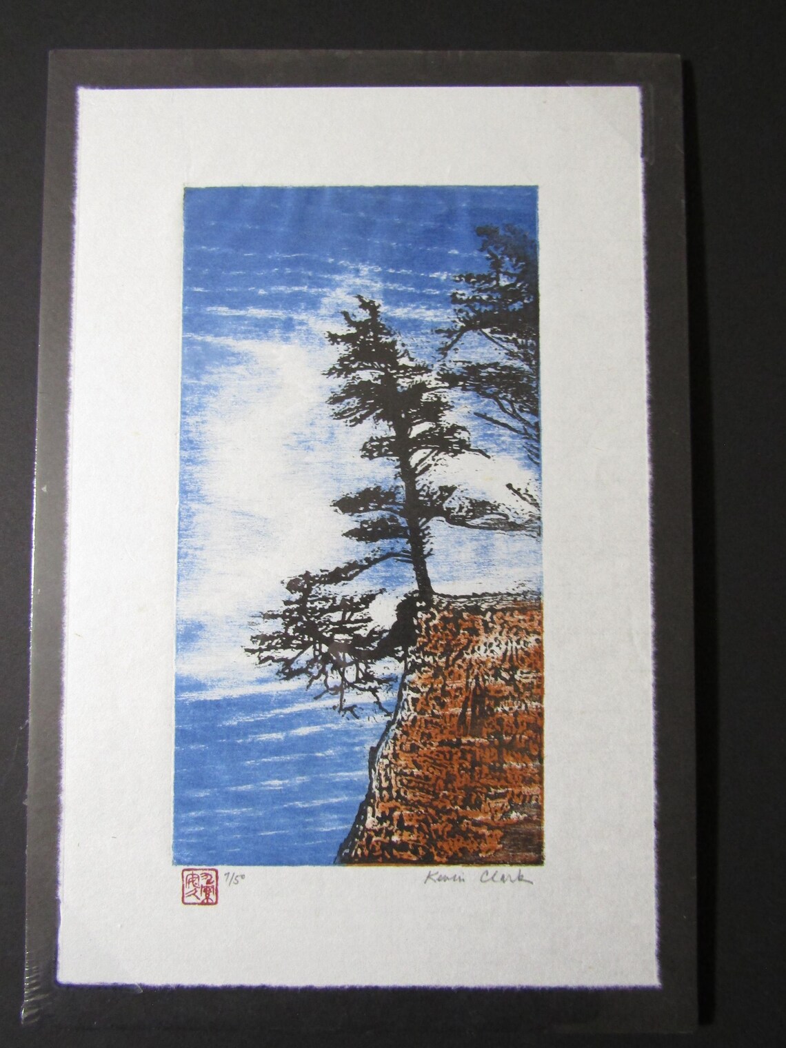 Pine Fir Cedar Tree Forest Cliff Edge Original Hand Carved Woodblock ...