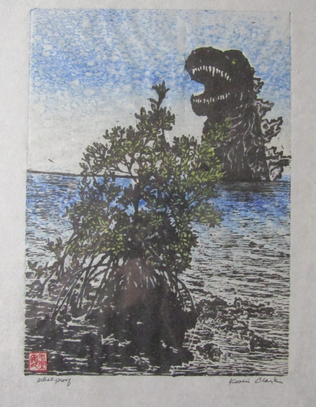 Kaiju Godzilla Monster Dinosaur Mangrove Tree Sunset Original Hand ...