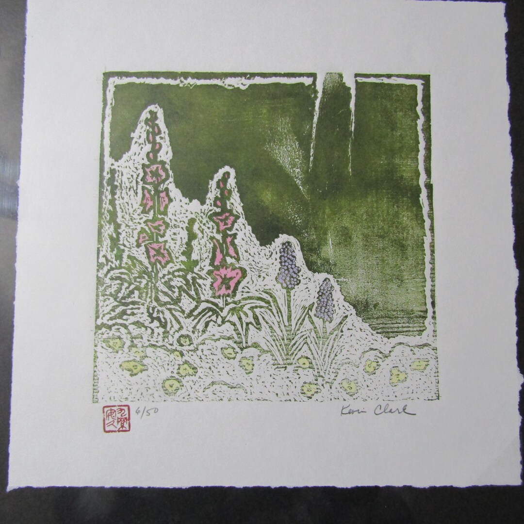 Aoi Hollyhock Garden Flowers Original Modern Hand Carved Woodcut ...