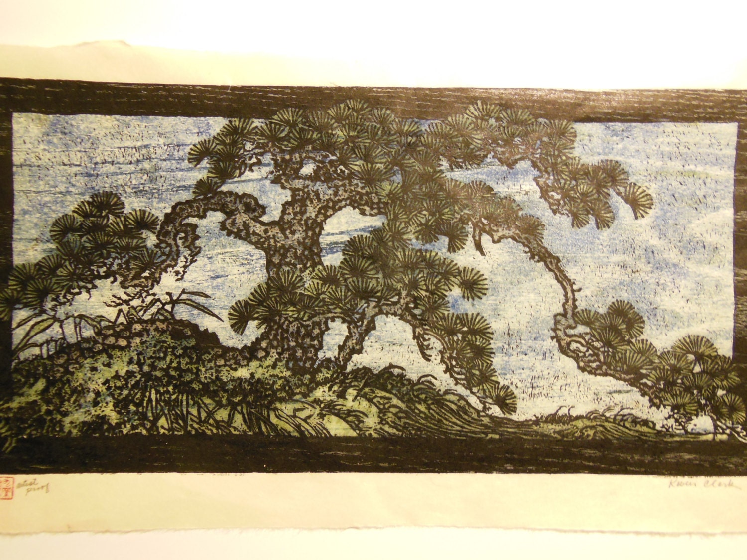 Bonsai Pine Tree Original Hand Carved Woodblock Print Woodcut Banhua ...