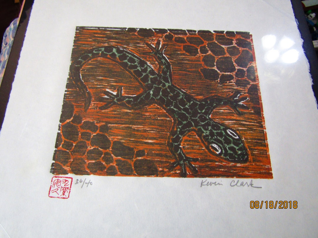 Lizard Gecko Reptile Woodcut Engraving Hand Carved Woodblock Print ...